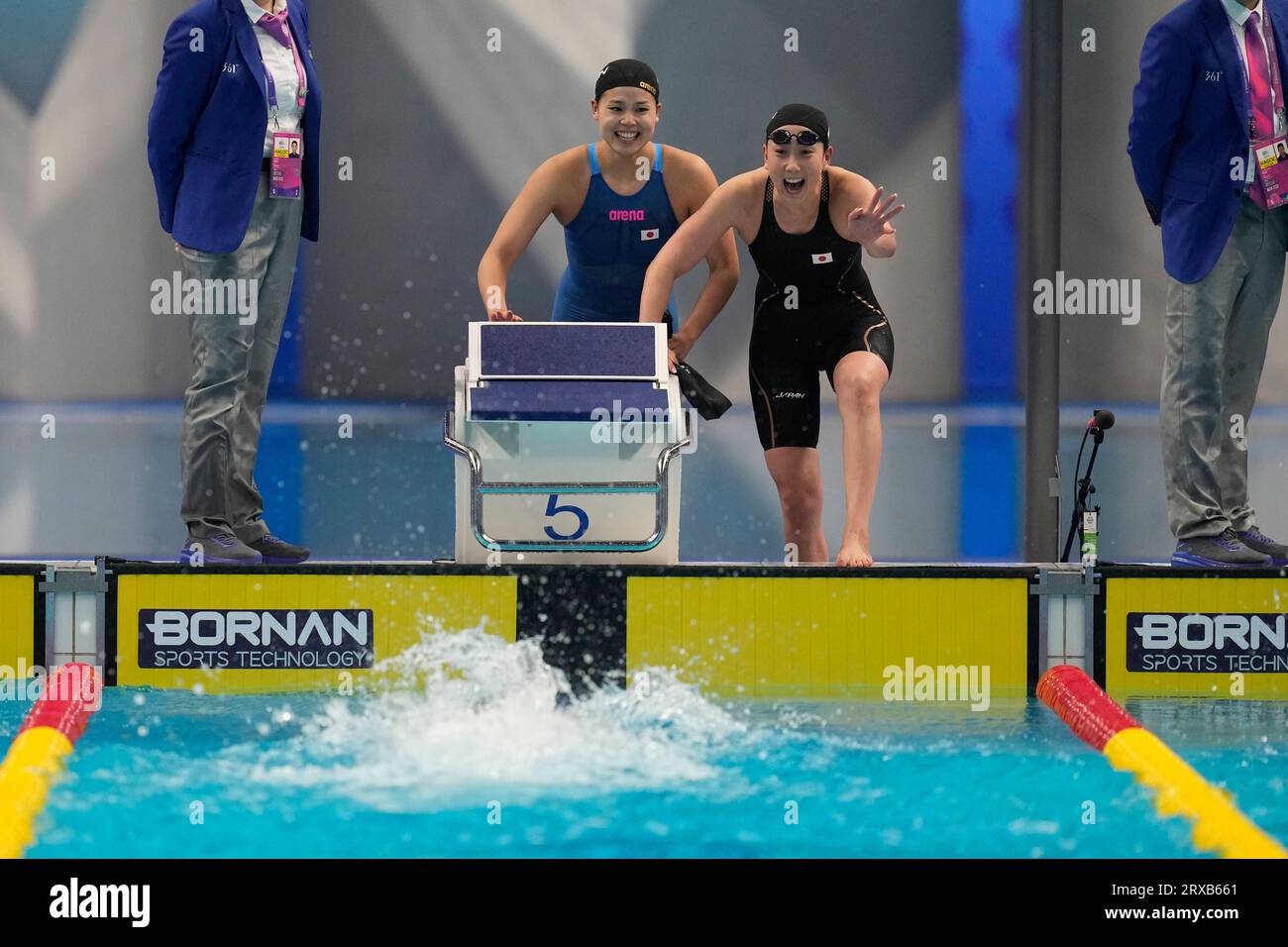 Team Japan reacts during the women's 4 x 100 meter freestyle relay ...