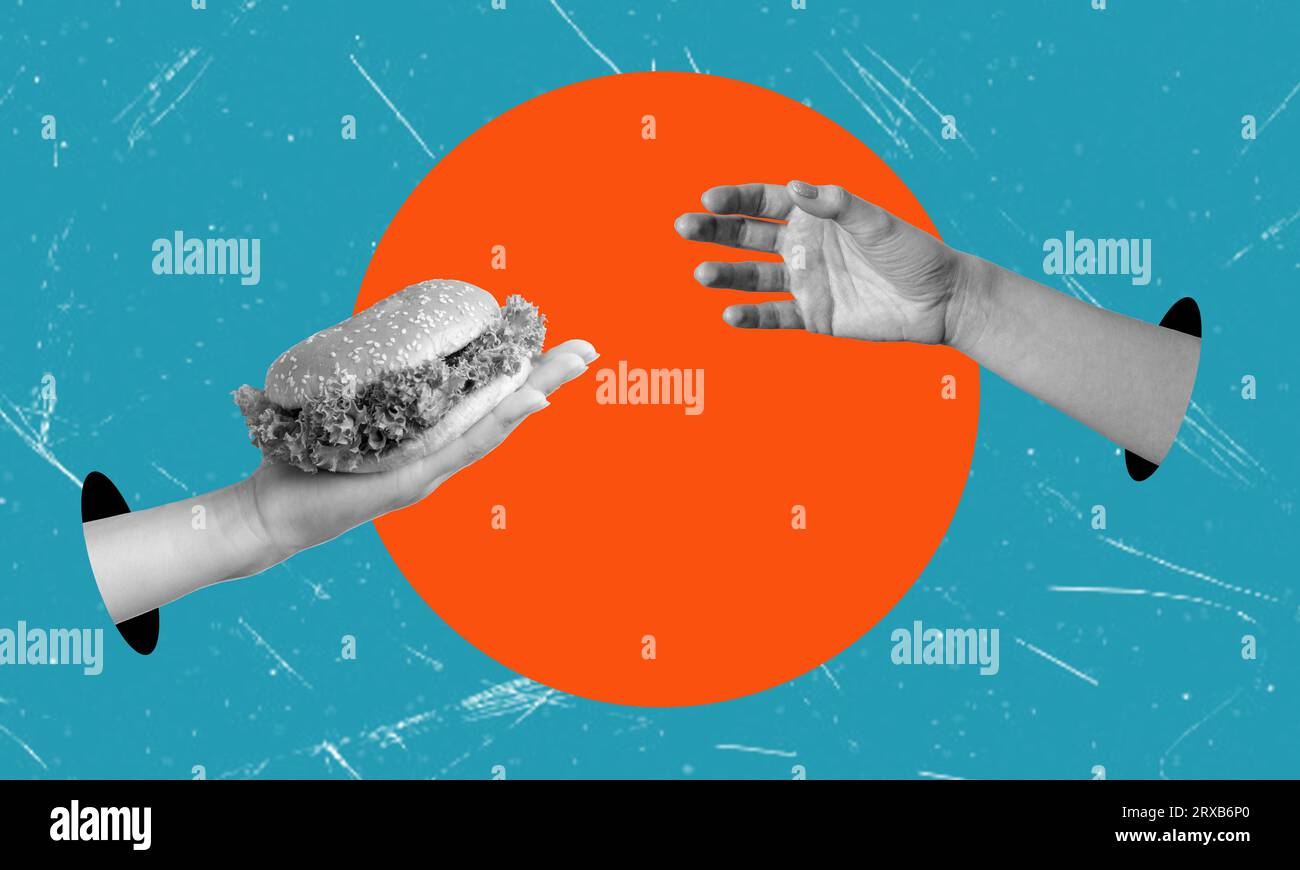 Hand passes burger on blue background with orange circle . Artistic ...