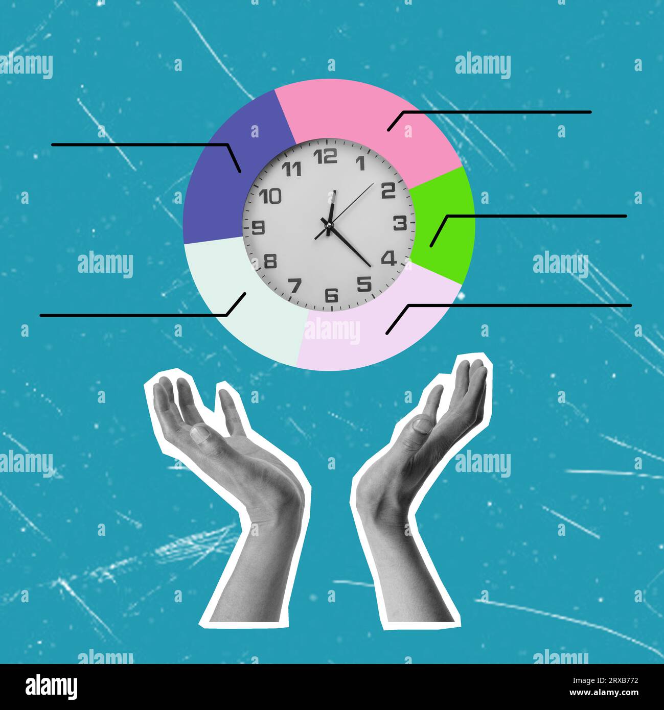 Contemporary art collage, hands reaching for the clock. Time management ...