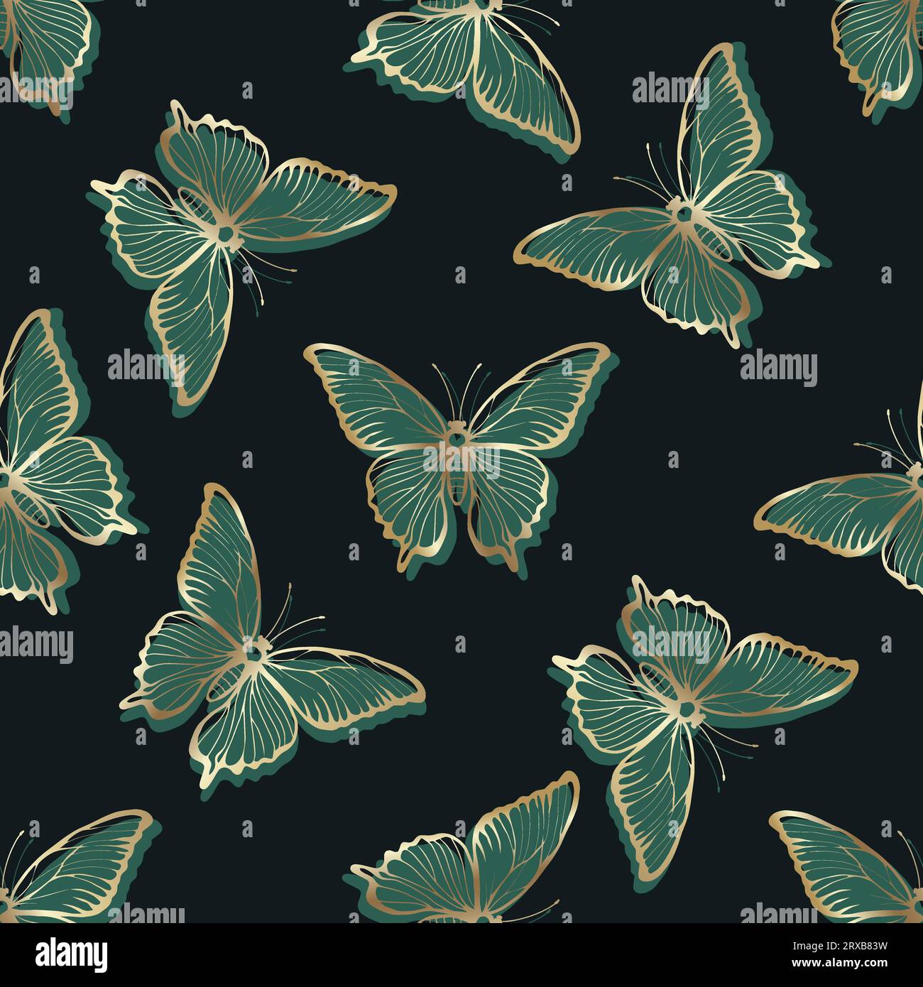 Golden green butterflies on a dark background. Seamless pattern of ...