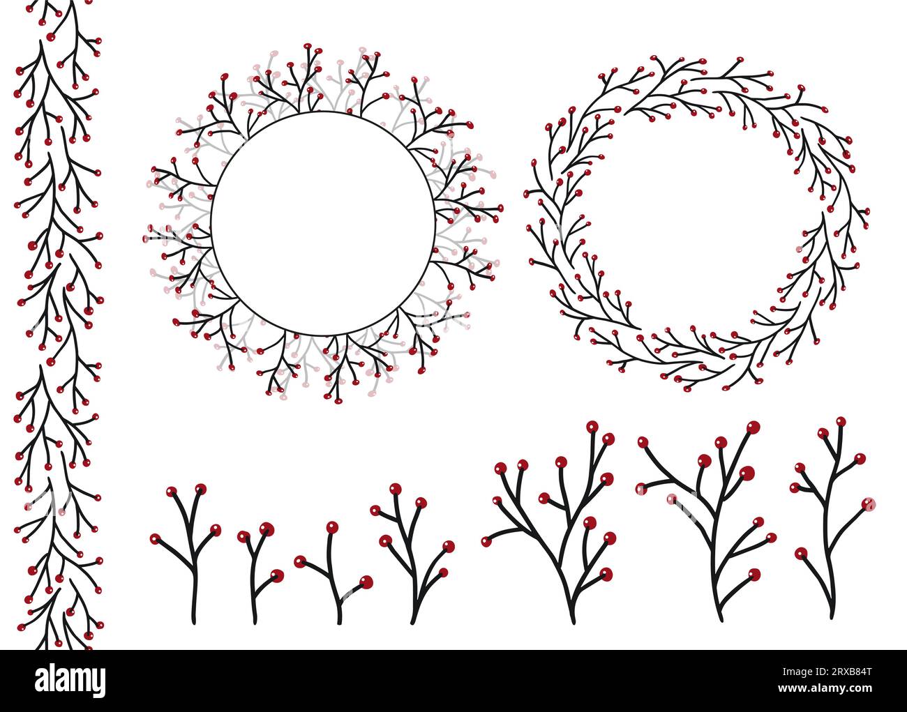 Winter berry branch set, circle wreath and seamless boarder for card or ...