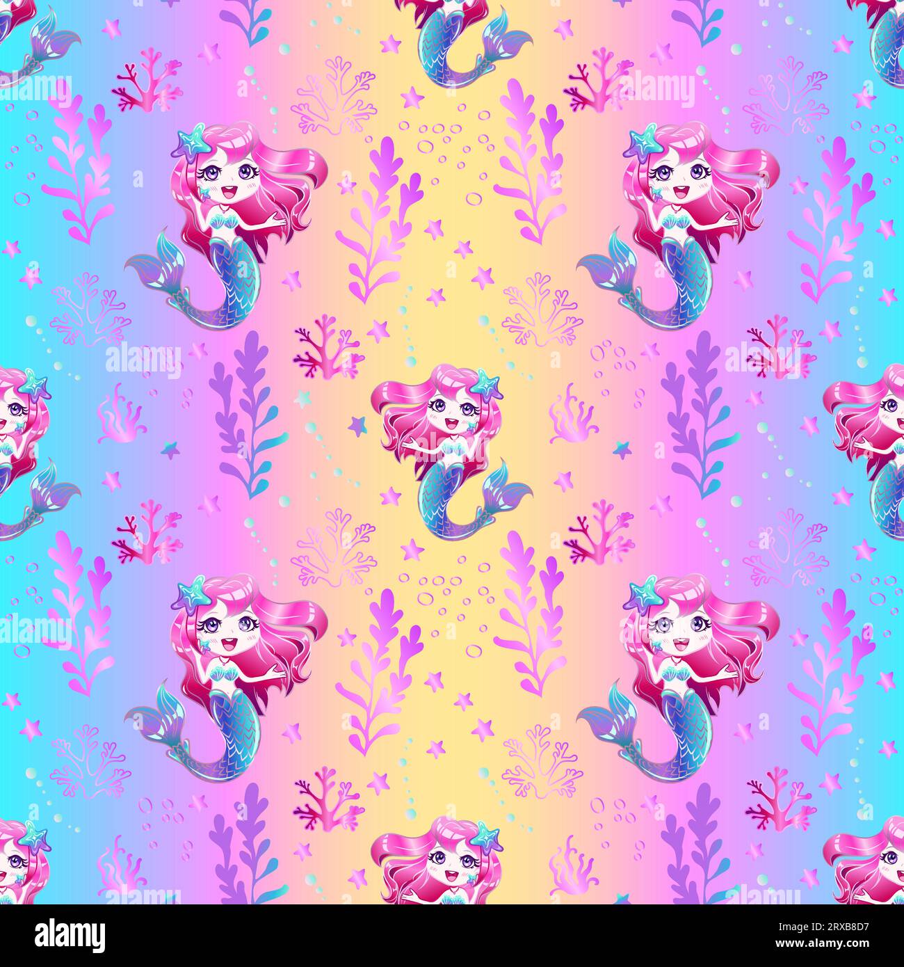 Seamless pattern with a cute mermaid with pink hair and golden seaweed ...