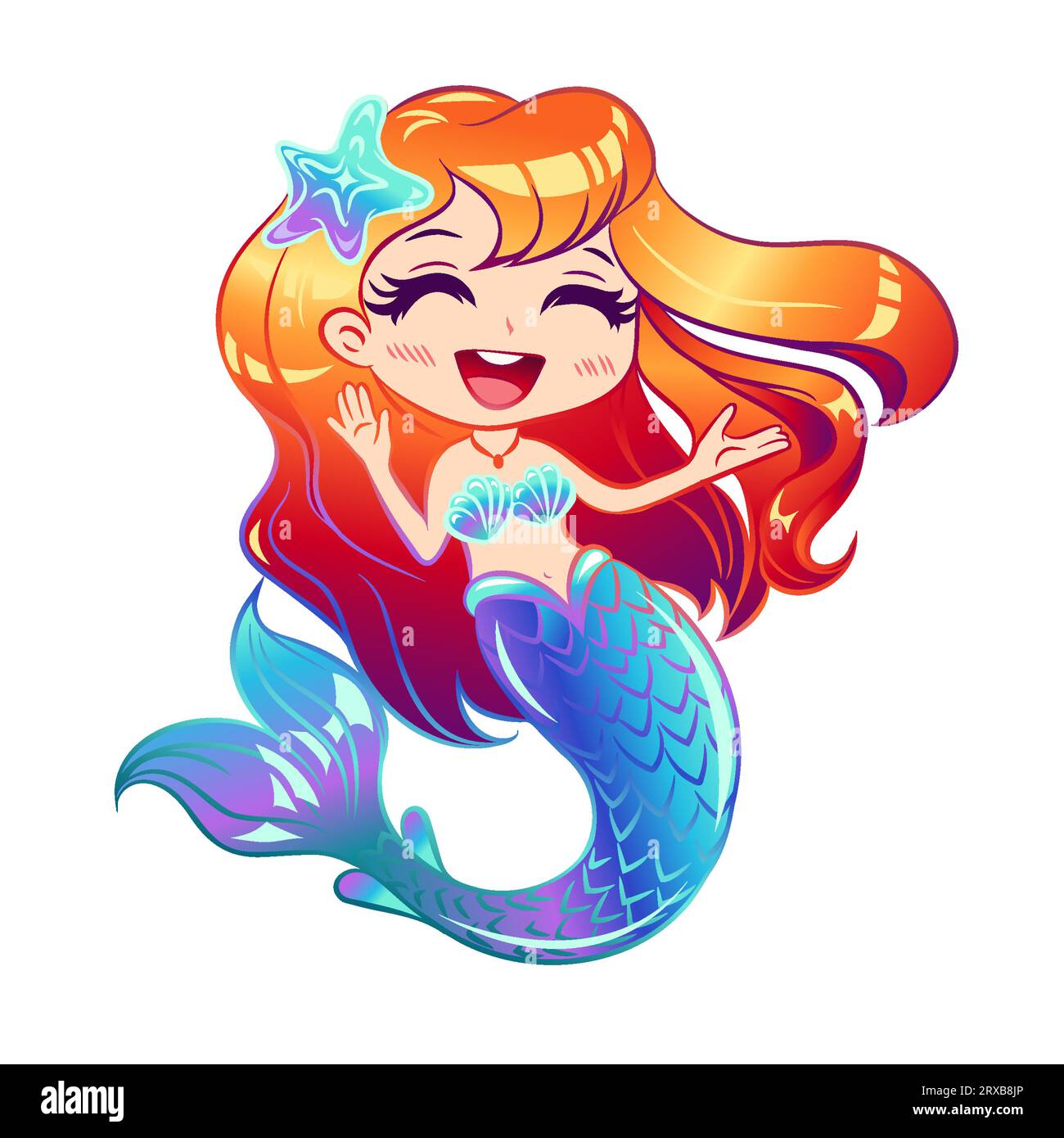 Little mermaid with closed eyes and red hair sings. Cute little mermaid ...