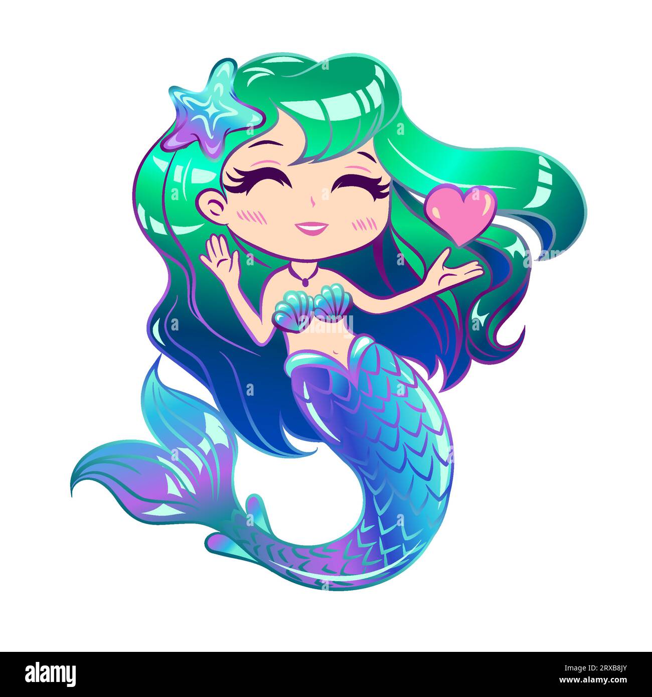 Little mermaid with closed eyes, green hair and a heart. Cute little ...