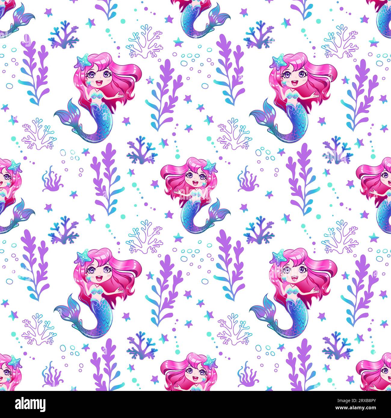 Seamless pattern with cute mermaid with pink hair and seaweed. Vector ...