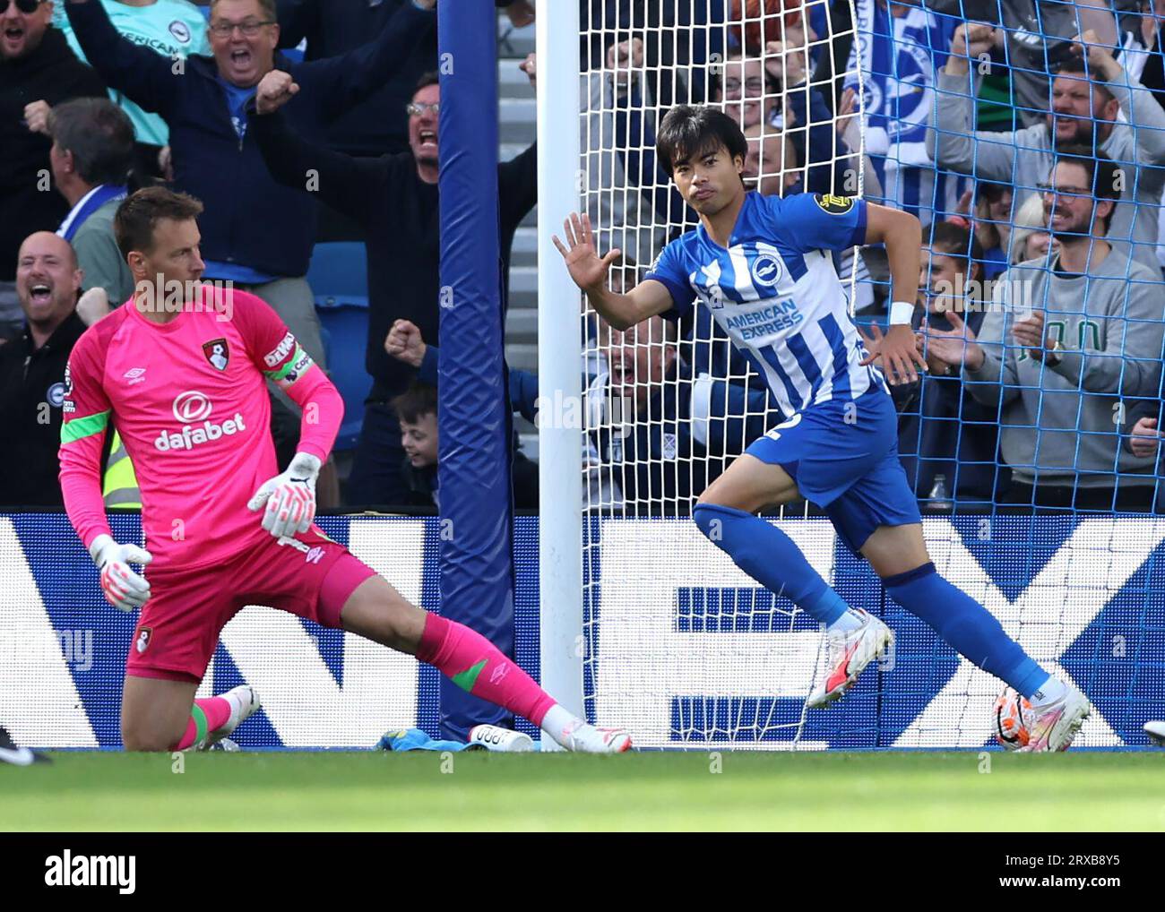 Brighton and Hove Albion's Kaoru Mitoma (right) celebrates scoring ...