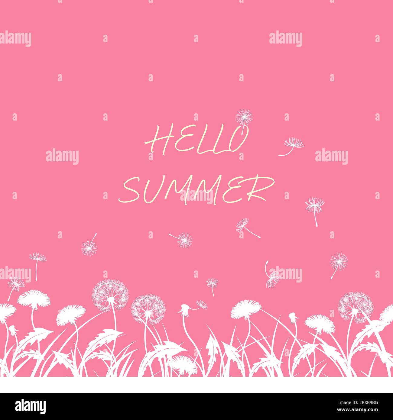 Summer background of grass and dandelions, flowers, fluff and leaves ...