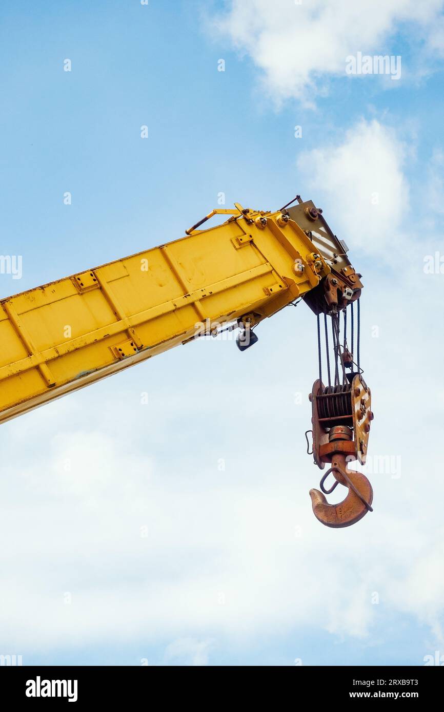 This is crane hook against blue sky. Lifting mechanism. Forklift ...