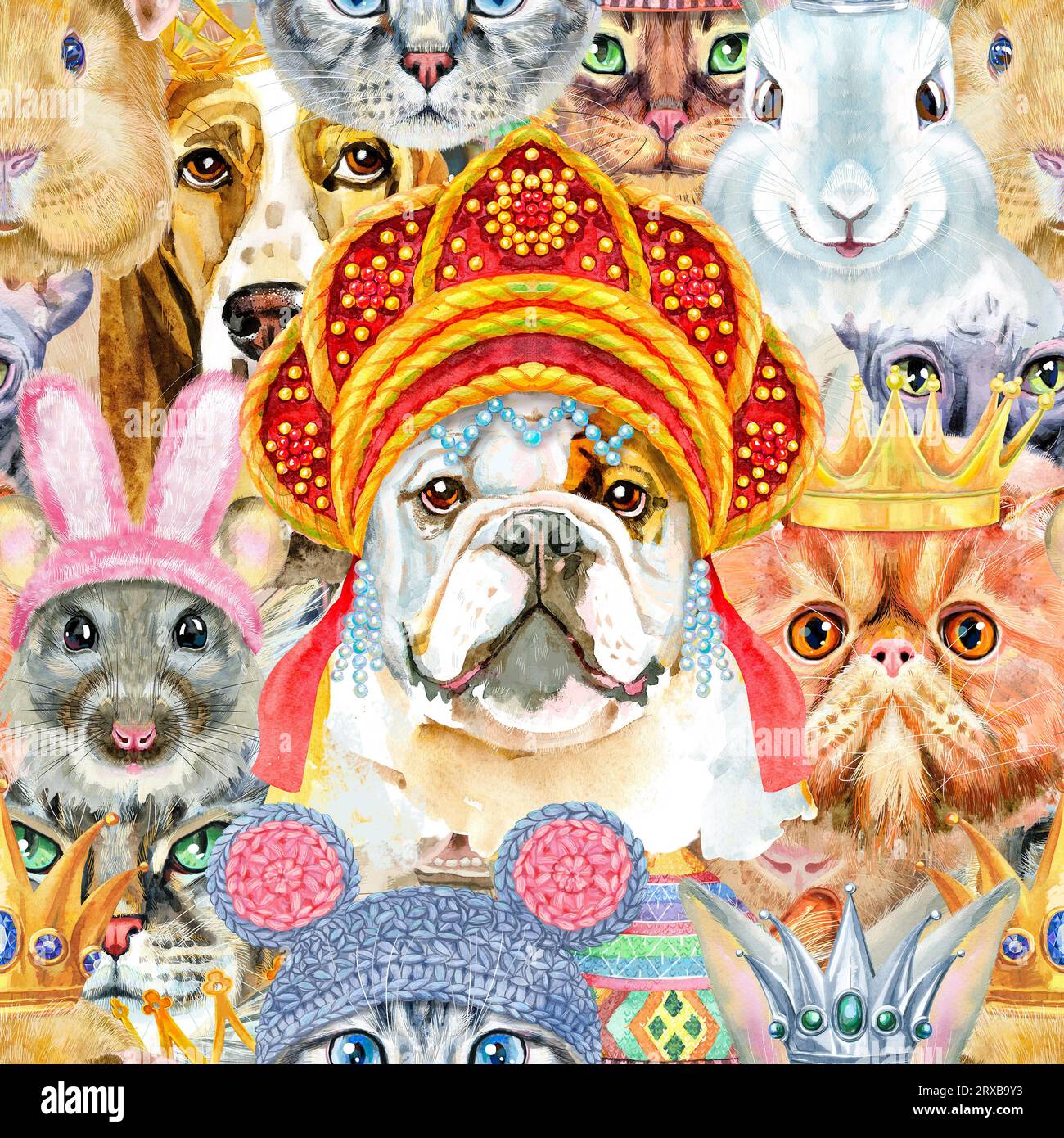 Seamless pets pattern. Hand painted watercolor drawing, isolate clip ...