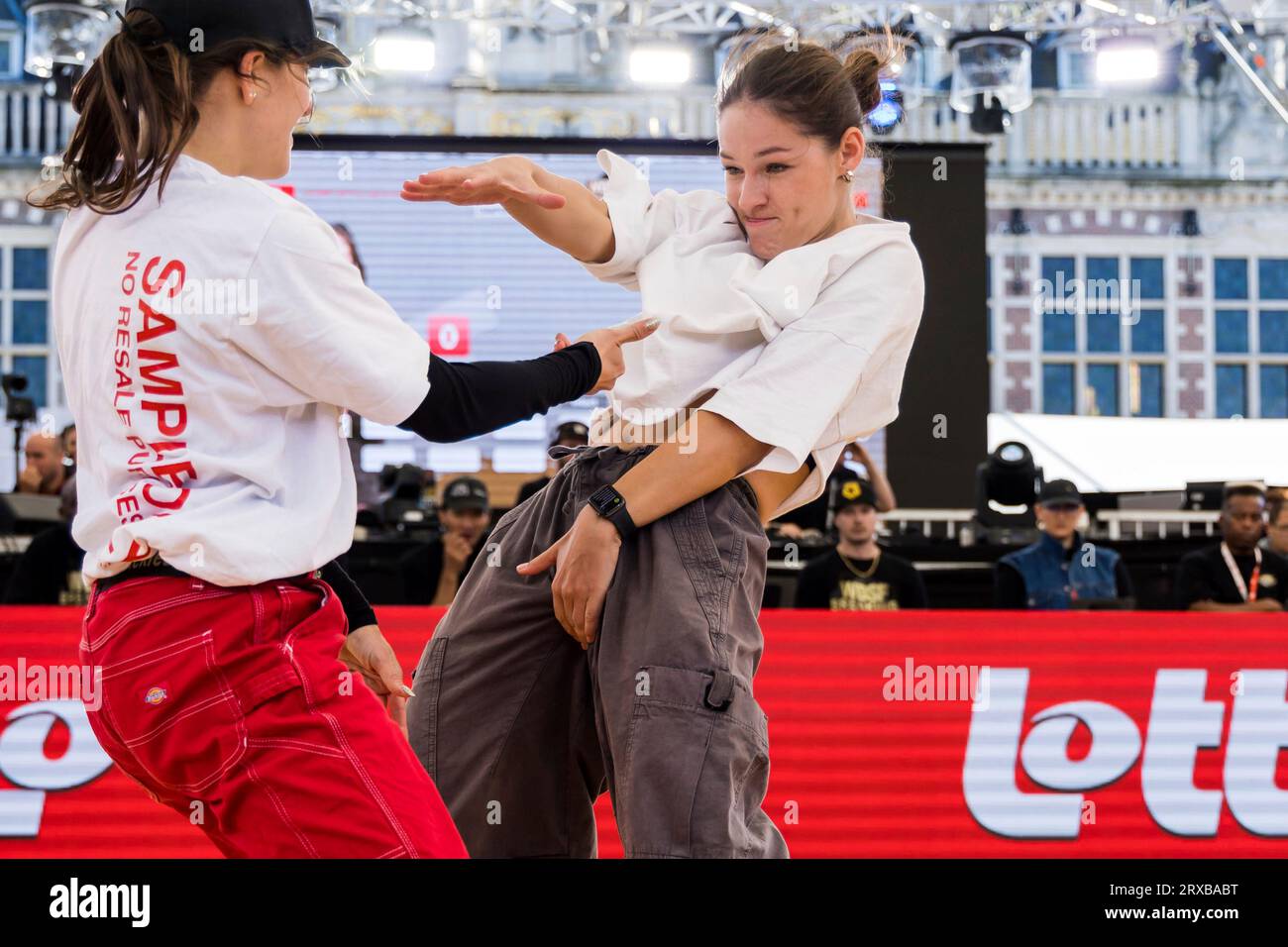 Belgium's Camine Van Hoof, known as B-Girl Camine, left, and Ukraine's ...