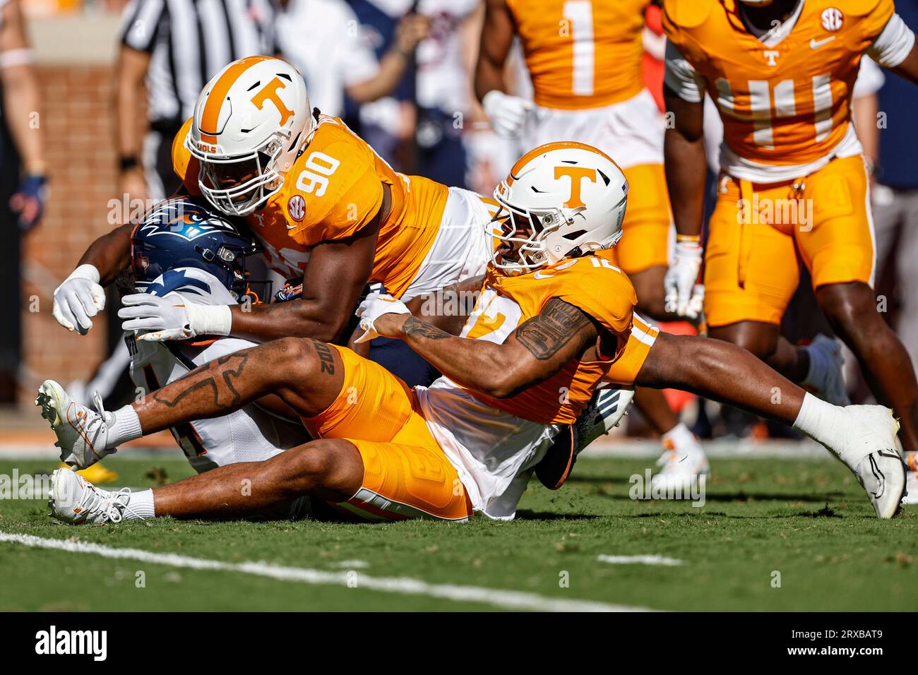 UTSA running back Kevorian Barnes (4) is tackled by Tennessee defensive ...