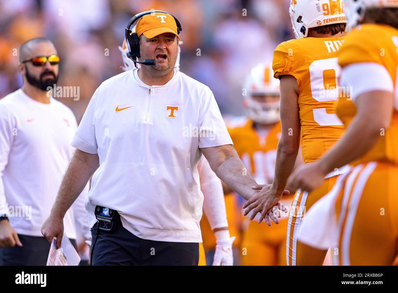 Tennessee head coach Josh Heupel congratulates played after a score ...