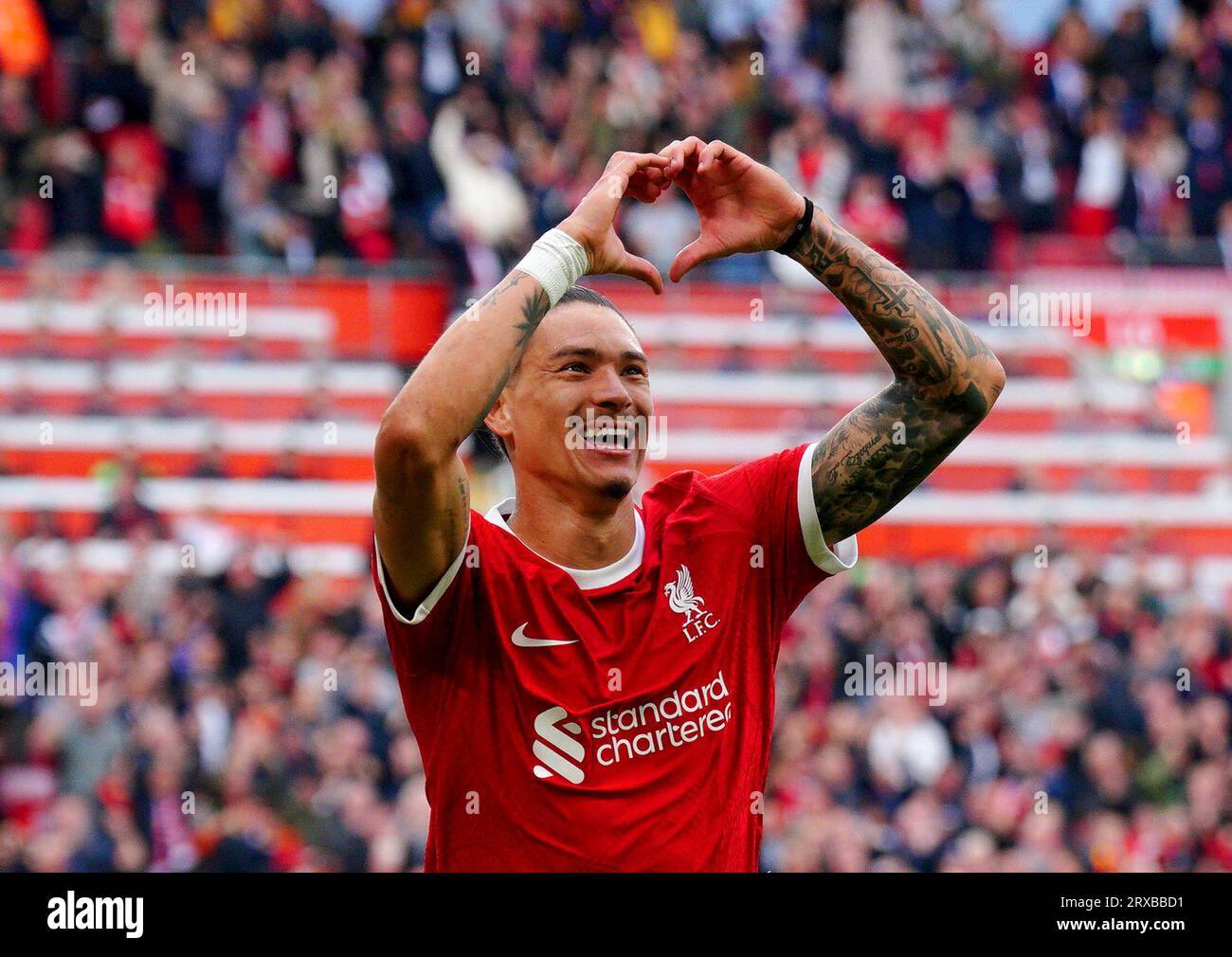 Liverpool's Darwin Nunez celebrates scoring their side's second goal of ...