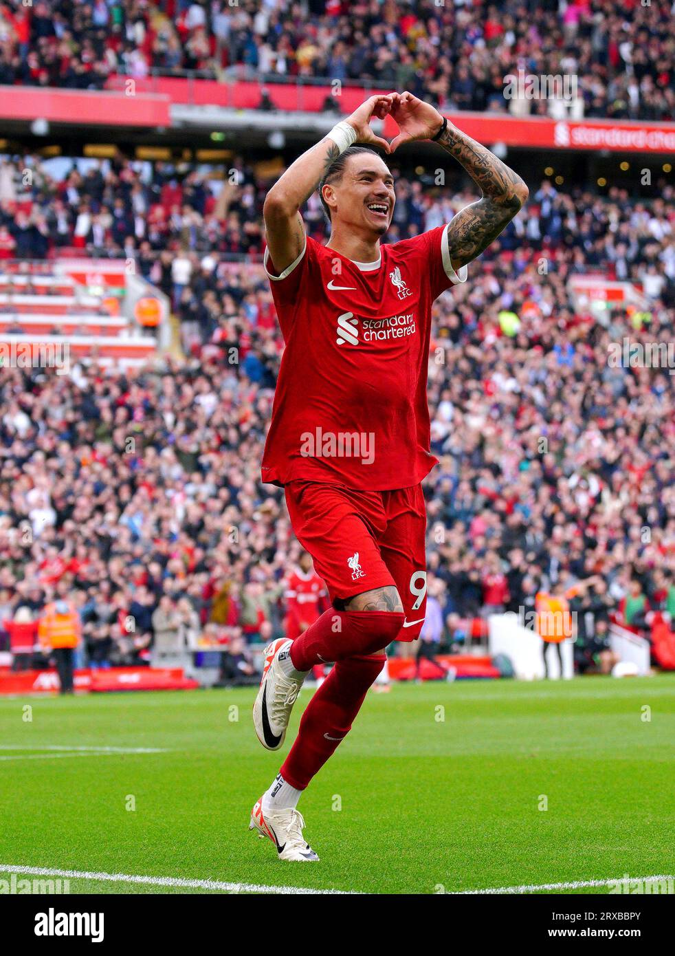 Liverpool's Darwin Nunez celebrates scoring their side's second goal of ...