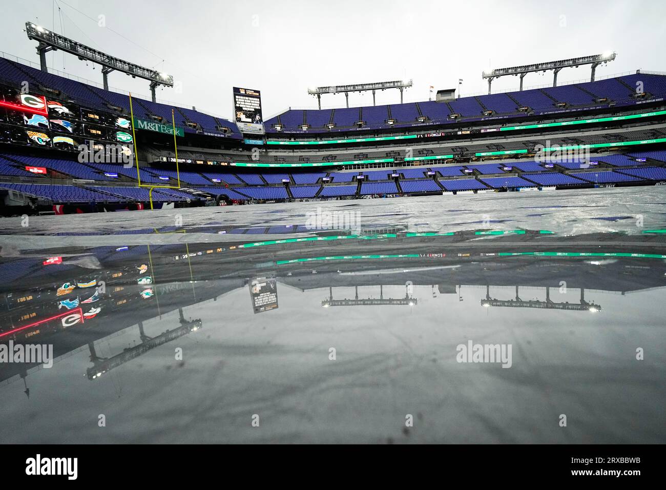 Puddles are visible on a tarp covering the field at M&T Bank Stadium ...