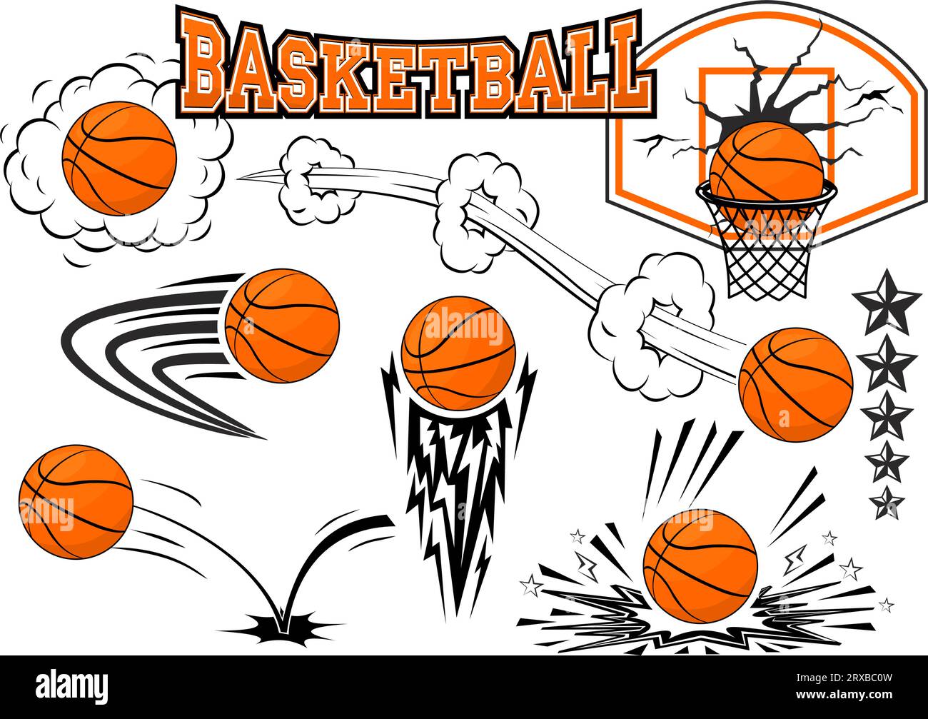Flying basketball ball icons set in comic style. Basketball banner ...