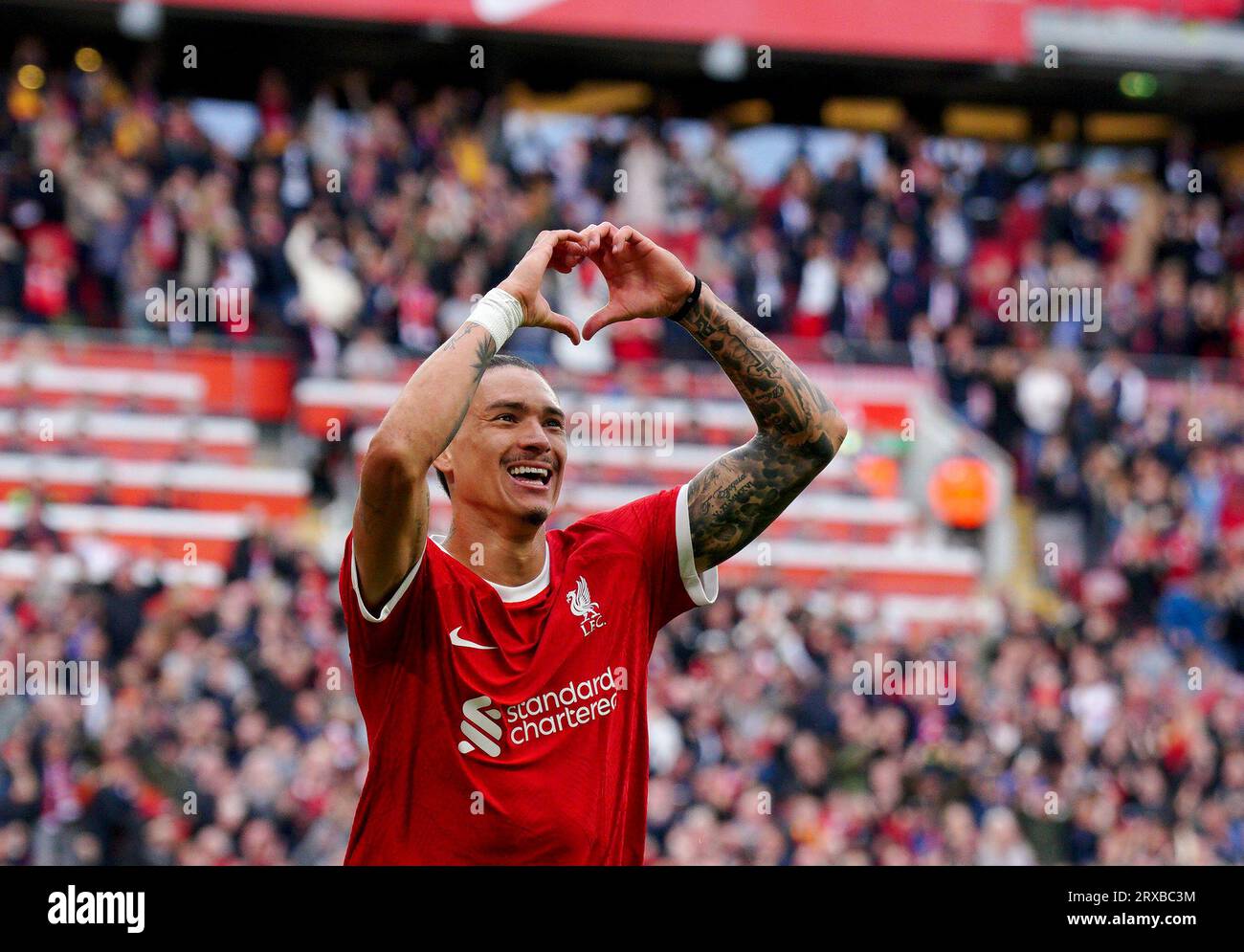 Liverpool's Darwin Nunez celebrates scoring their side's second goal of ...