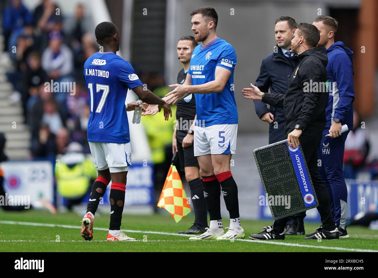 Rangers' Rabbi Matondo (left) is substituted for Rangers' John Souttar ...