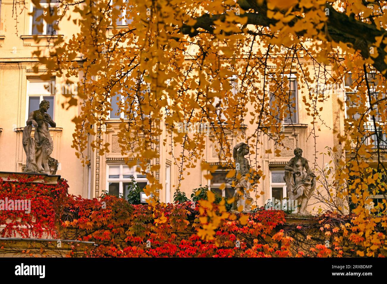 old statues and colorful autumn foliage in park Vienna Austria Stock ...