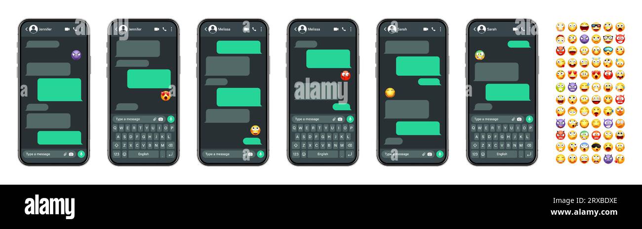 Smartphone messaging app, user interface with emoji. SMS text frame ...