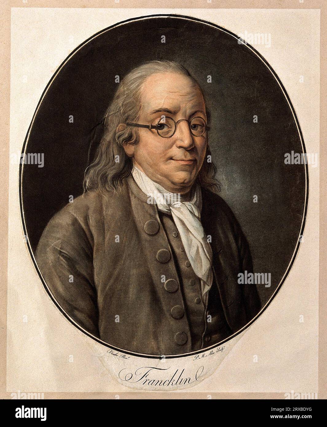 Benjamin Franklin portrait, 1706 – 1790, Coloured aquatint by P. M ...