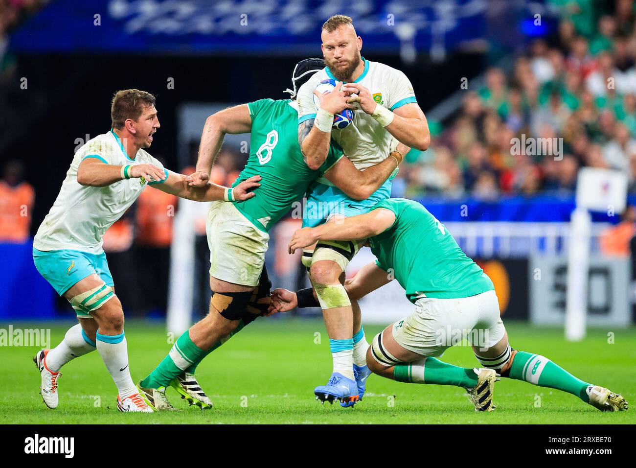 London, France. 23rd Sep, 2023. Caelan Doris #8 of Ireland, RG Snyman #20 of South Africa and ...