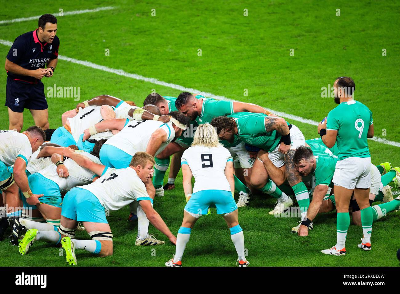 London, France. 23rd Sep, 2023. A scrum with Pieter-Steph Du Toit #7 of ...