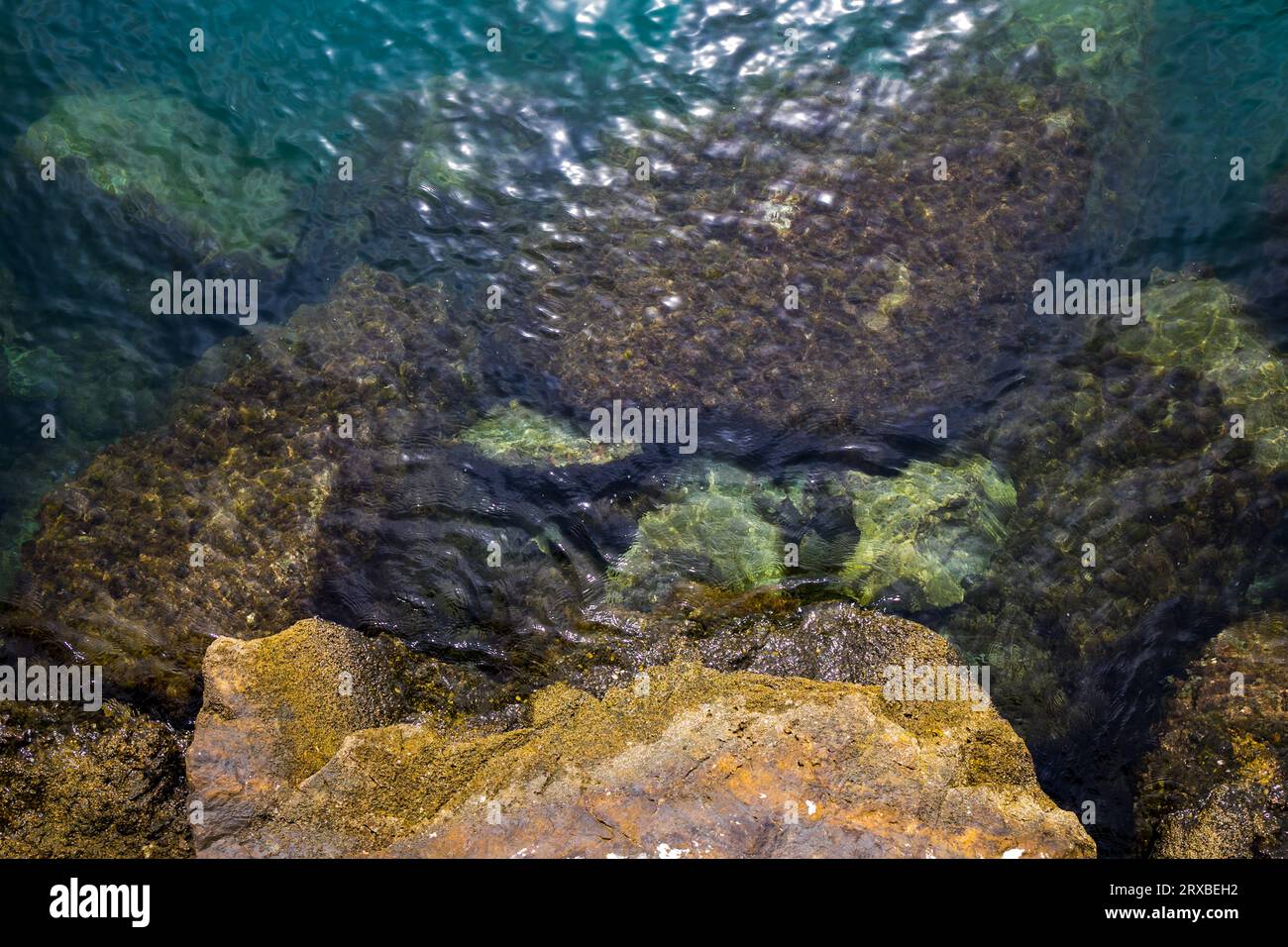 Top view on sea water with underwater stones, nature background Stock ...