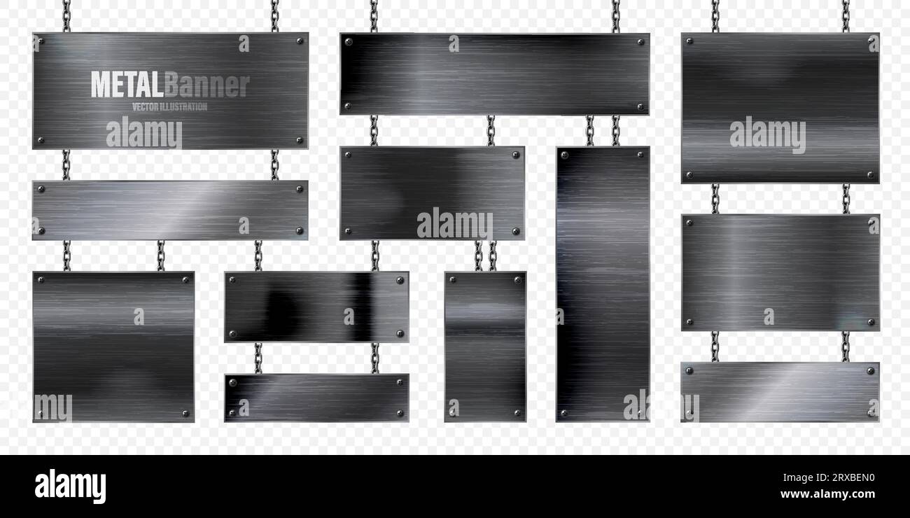 Metal banners hanging on a chain. Realistic shiny steel plate with ...