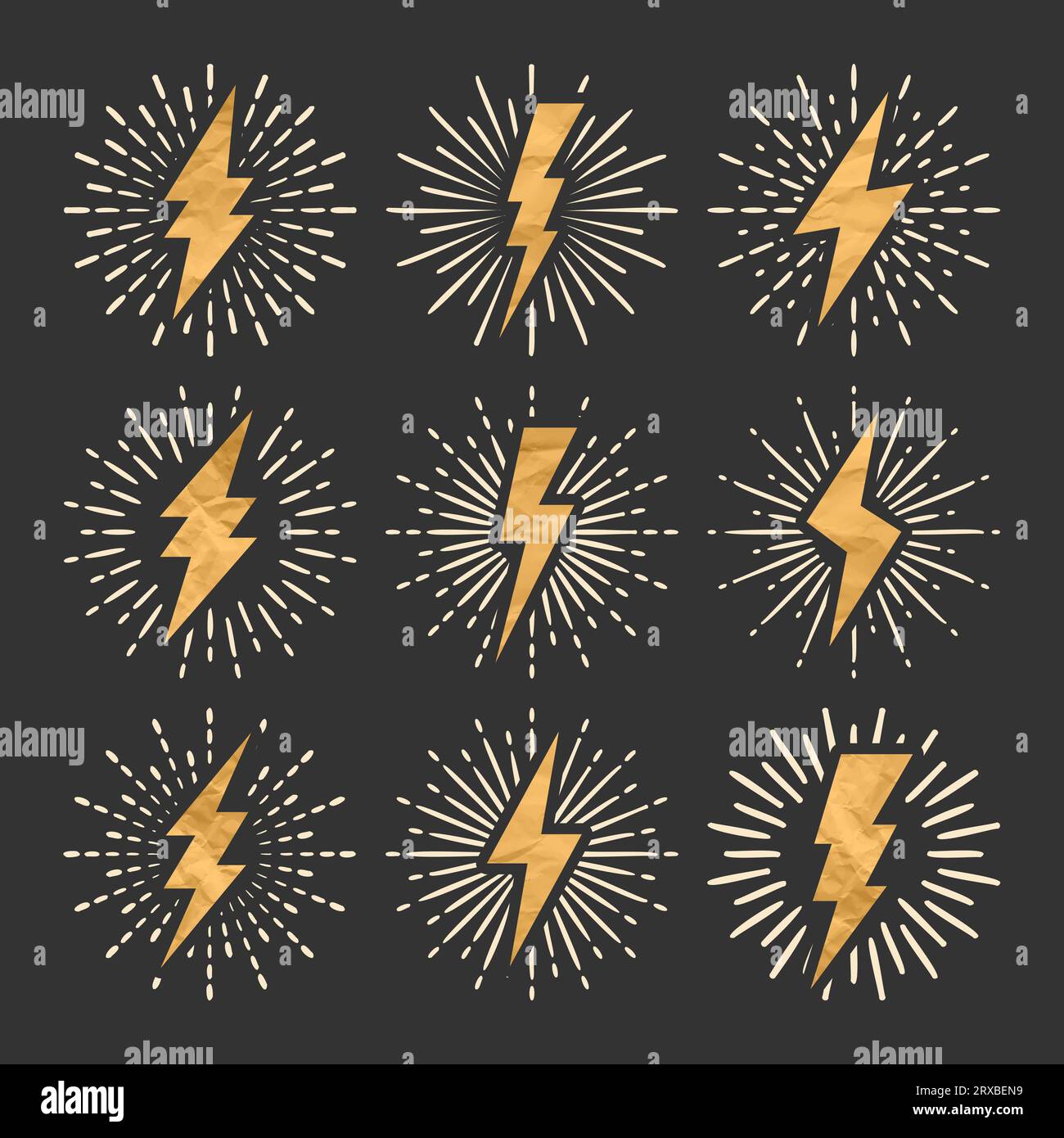Vintage lightning bolt and sunrays. Lightnings with crumpled paper ...