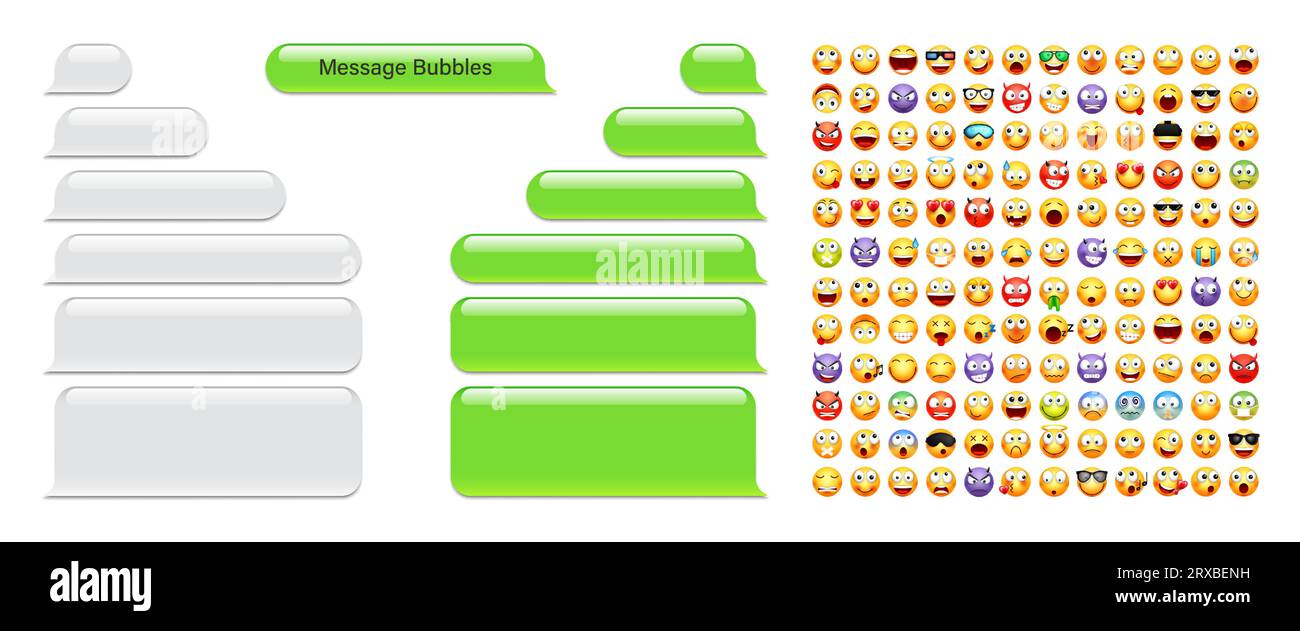 Blank message bubbles with emoji. Green chat or messenger speech bubble ...