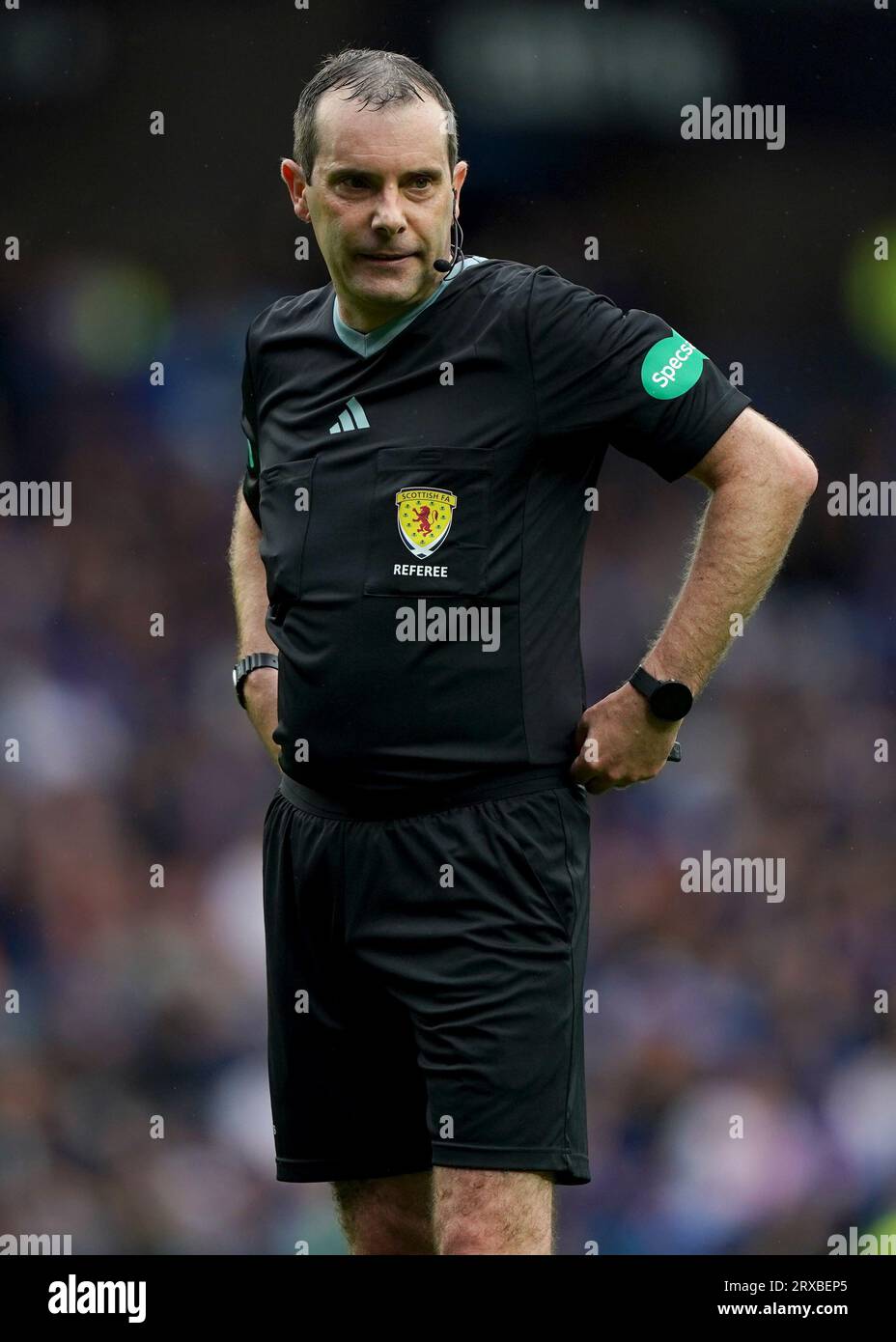 Referee Alan Muir looks on during the cinch Premiership match at Ibrox ...