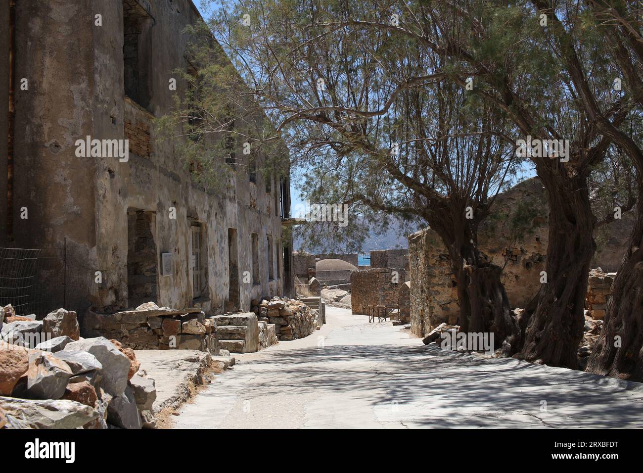 Dilapidated houses on a Greek island Spinalonga, a former Venetian ...