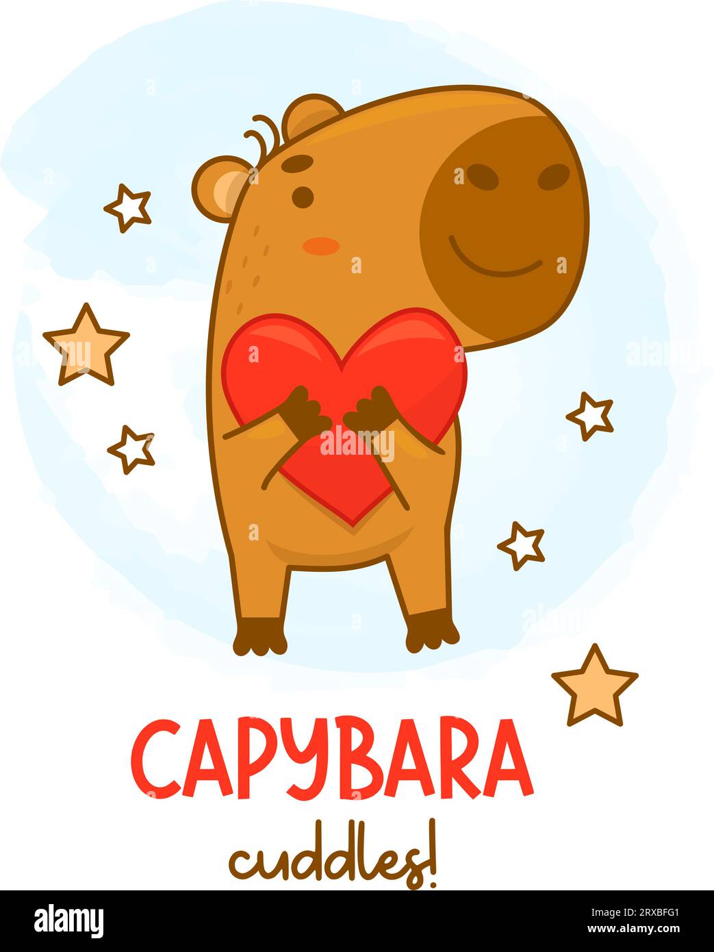 Cool card with cute capybara hugging heart. Vector illustration. Funny ...