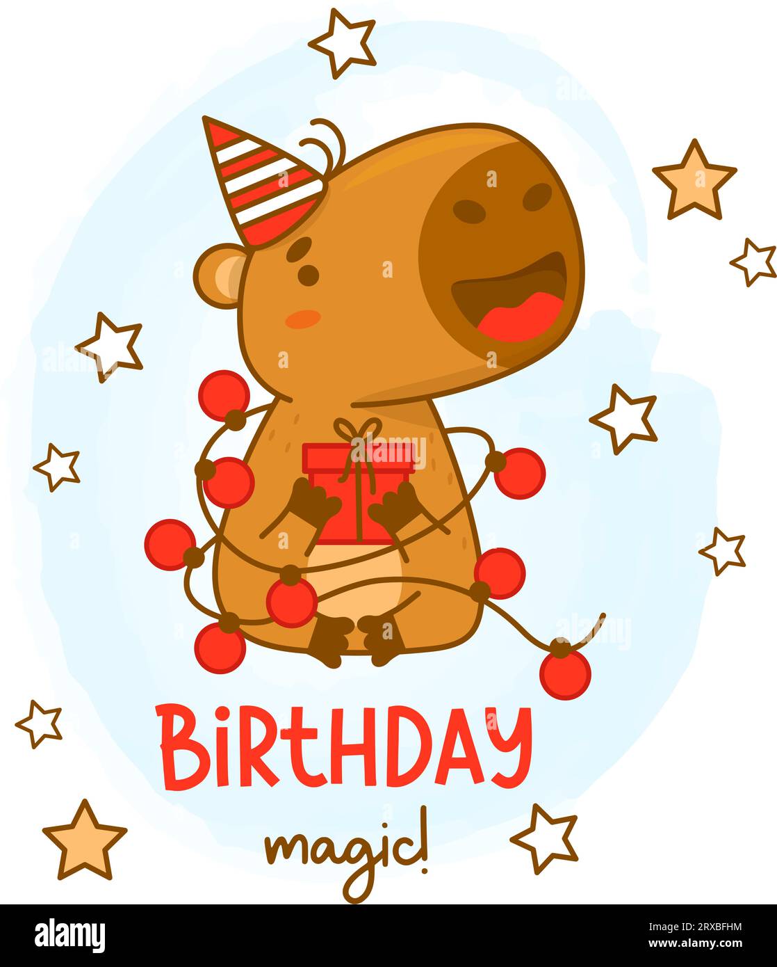 Cute happy capybara in birthday cap with gift in festive garland and ...