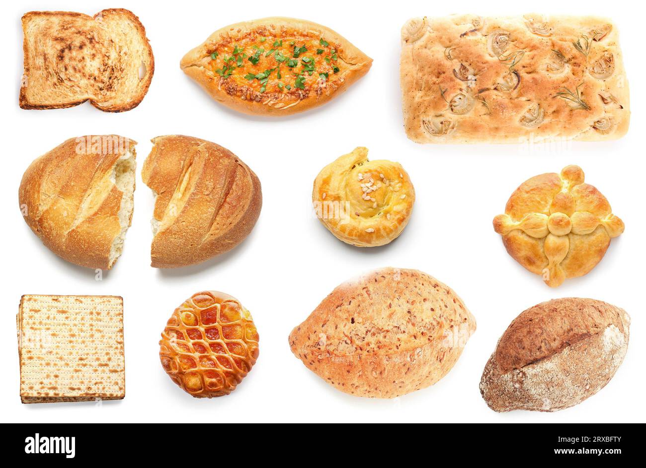 Collage of fresh bakery products on white background Stock Photo - Alamy