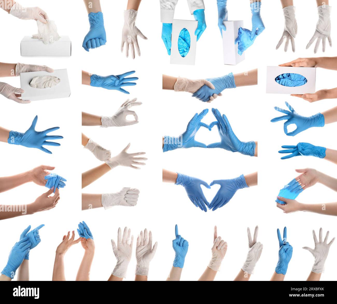 Collage of hands with medical gloves on white background Stock Photo ...