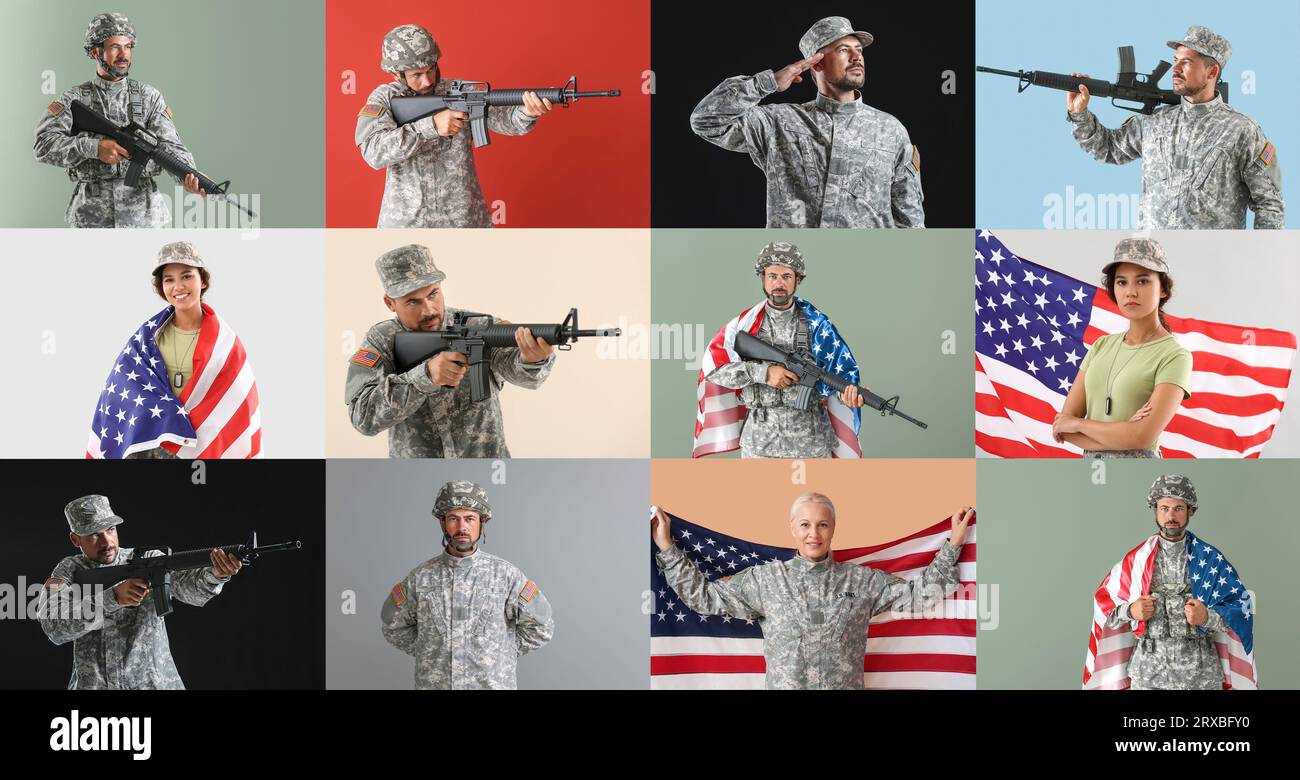 Collage with many American soldiers on color background Stock Photo - Alamy