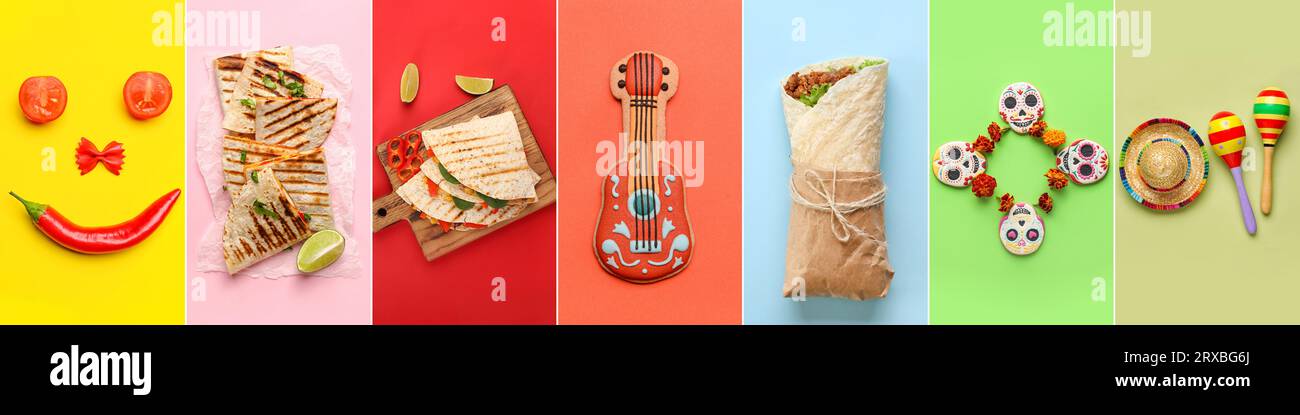 Set of Mexican symbols on color background Stock Photo - Alamy