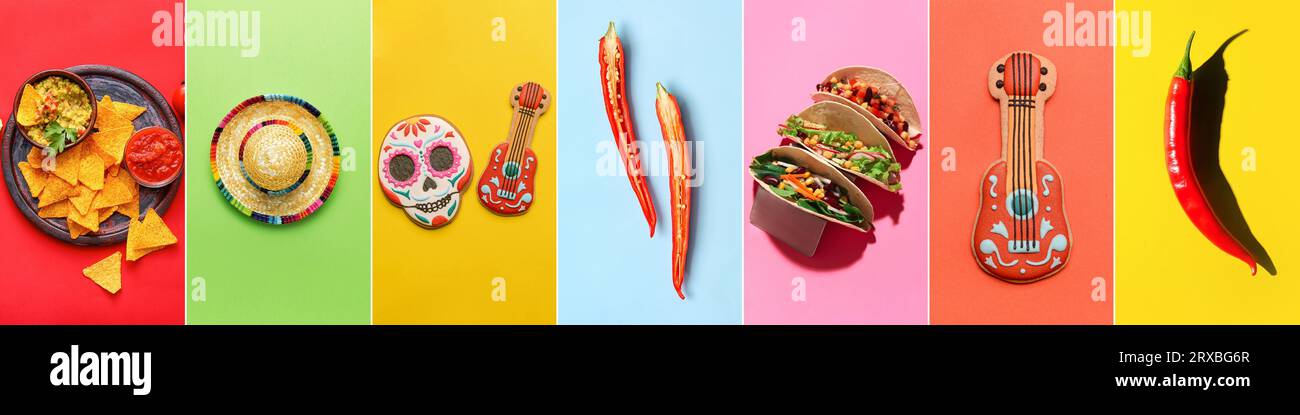 Group of Mexican symbols on color background Stock Photo - Alamy