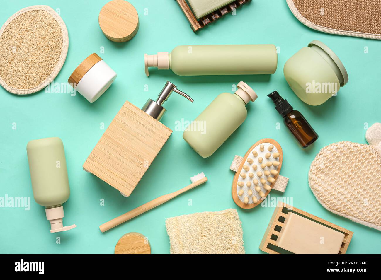 Composition with different bath items and cosmetic products on color ...