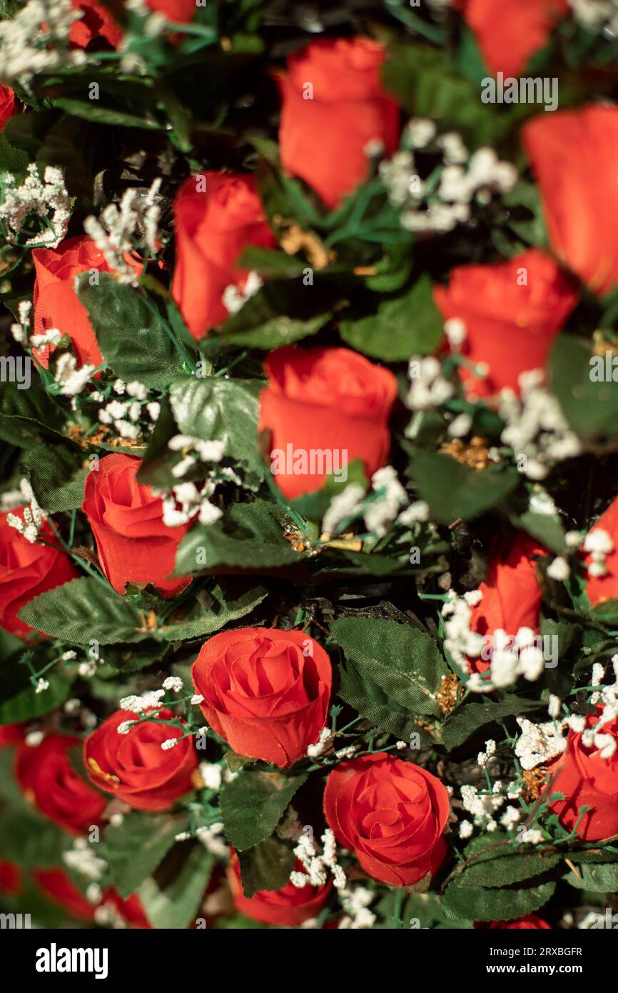 Funeral wreath. Details of flowers at funeral ceremony. Background of ...