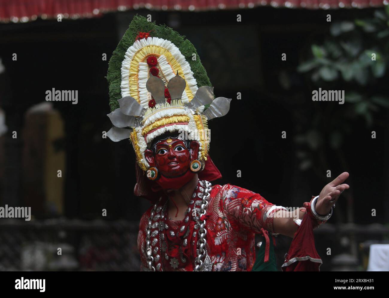 Kathmandu, Bagmati, Nepal. 24th Sep, 2023. A masked dancer performs as ...