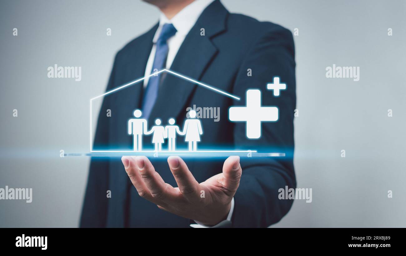 Concept of health insurance and medical benefits. Businessman showing ...