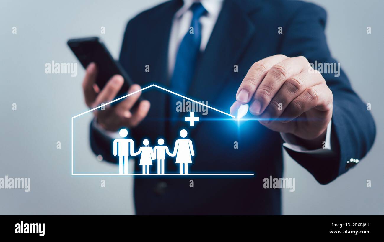 Concept of health insurance and medical benefits. Businessman points ...