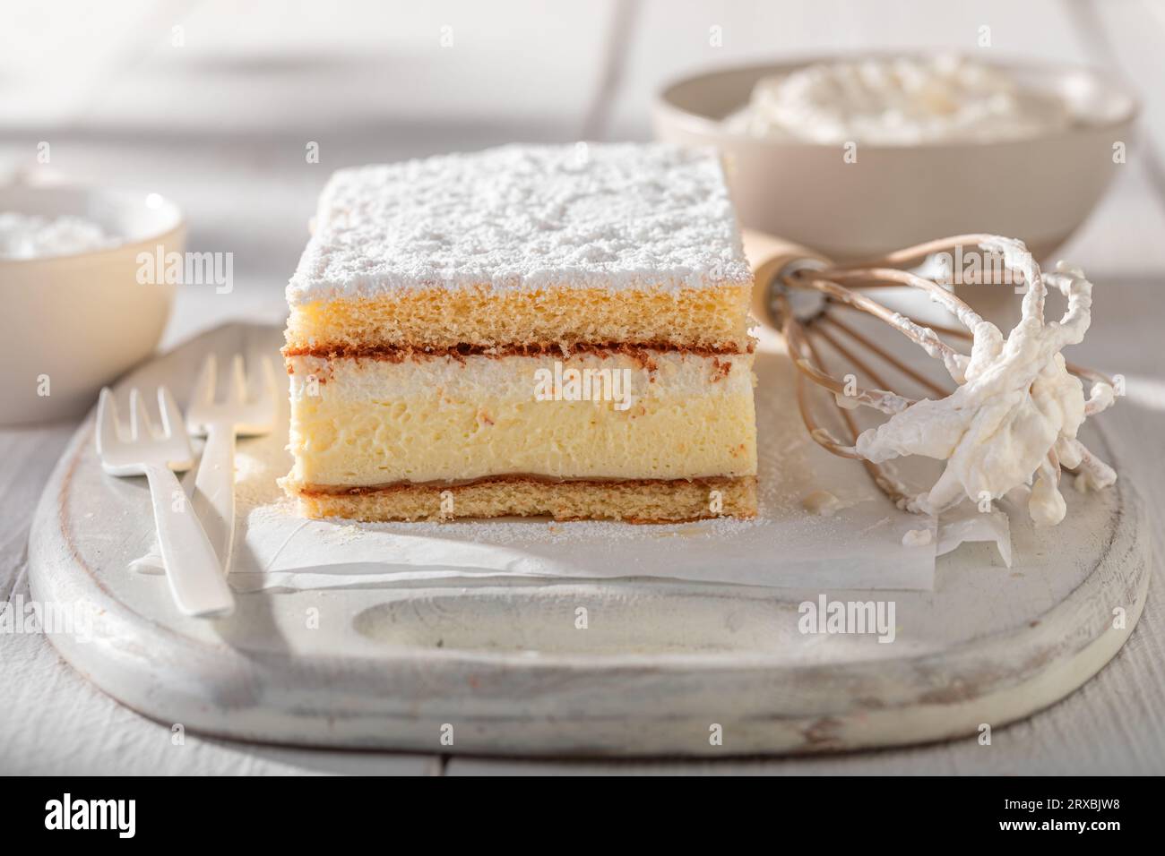 Sweet napoleon cake with caster sugar and custard cream. Kremowka cake ...