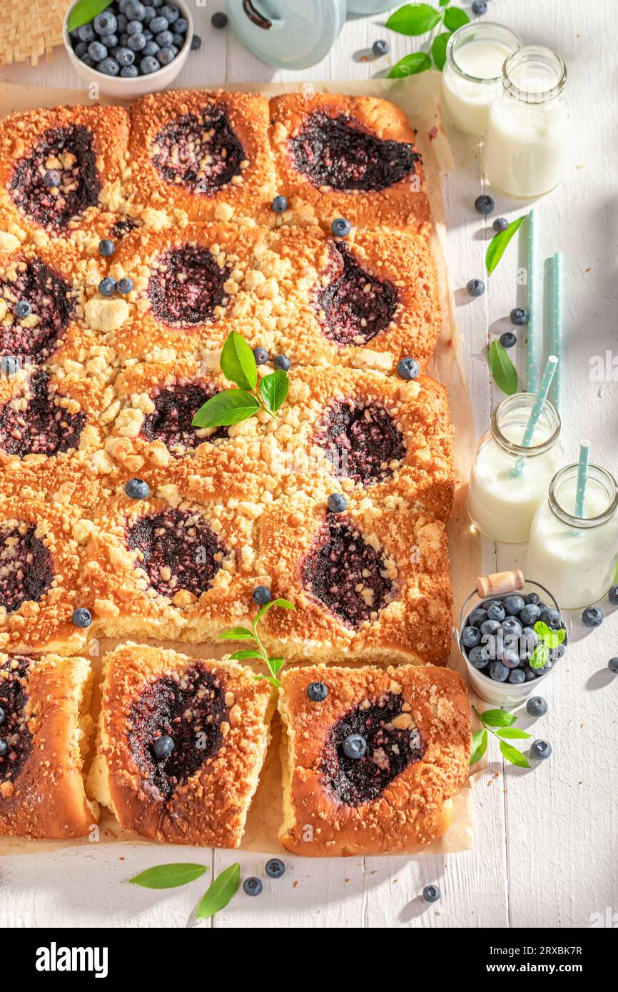 Hot blueberry yeast cake with crumble and glaze. Blueberry yeast cake ...
