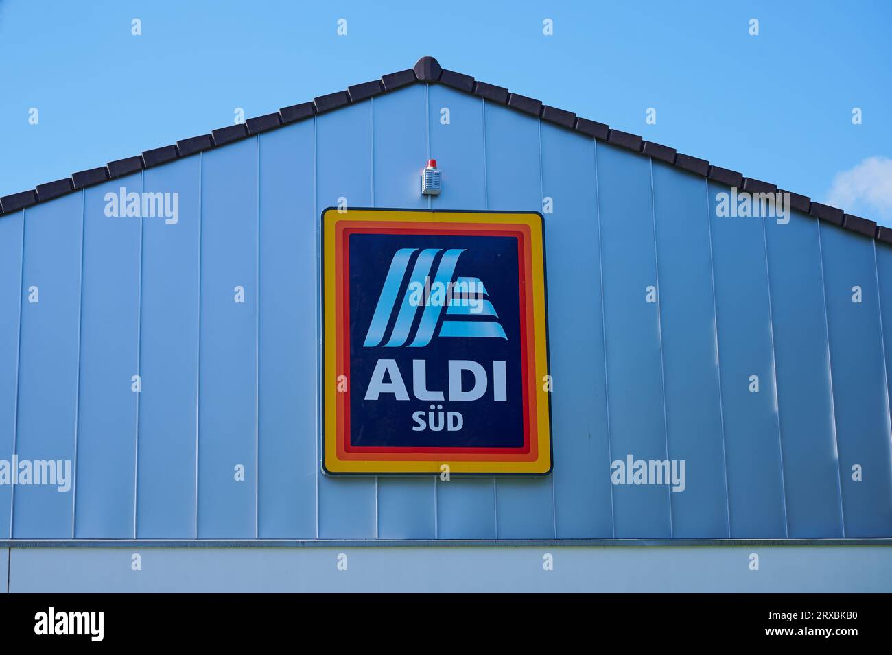 Aldi grocery store sign. Aldi is is a global discount supermarket chain ...