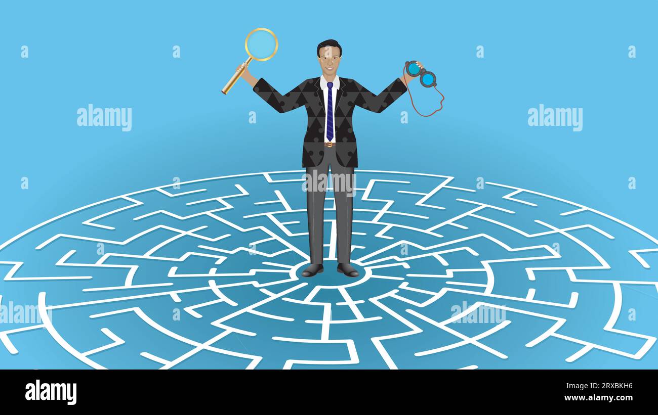 Man at maze game, labyrinth, bringing magnifying glass and binoculars ...