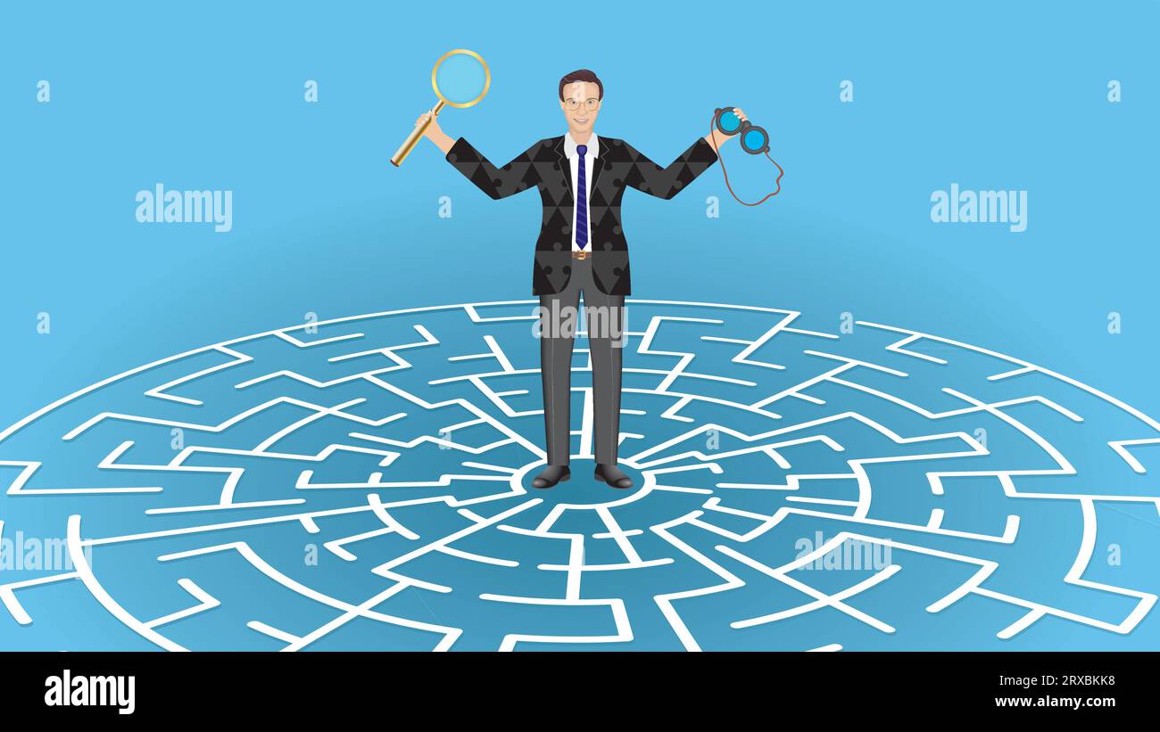 Man at maze game, labyrinth, bringing magnifying glass and binoculars ...